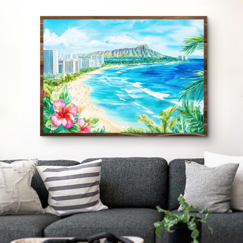 Honolulu Hawaii Watercolor Poster Oahu Travel Print Cityscape Painting ...