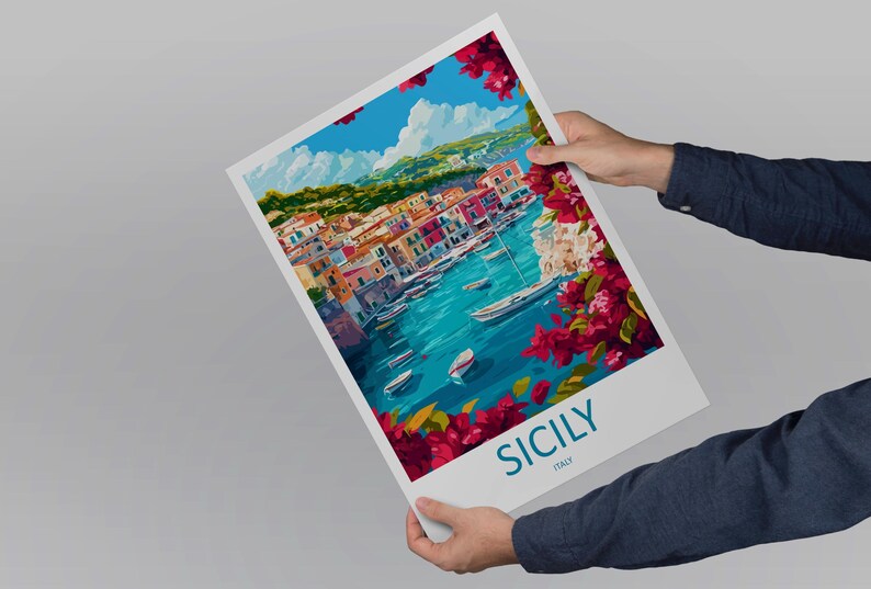 Sicily Cartoon Travel Poster Italy Wall Art Island Print Mediterranean ...