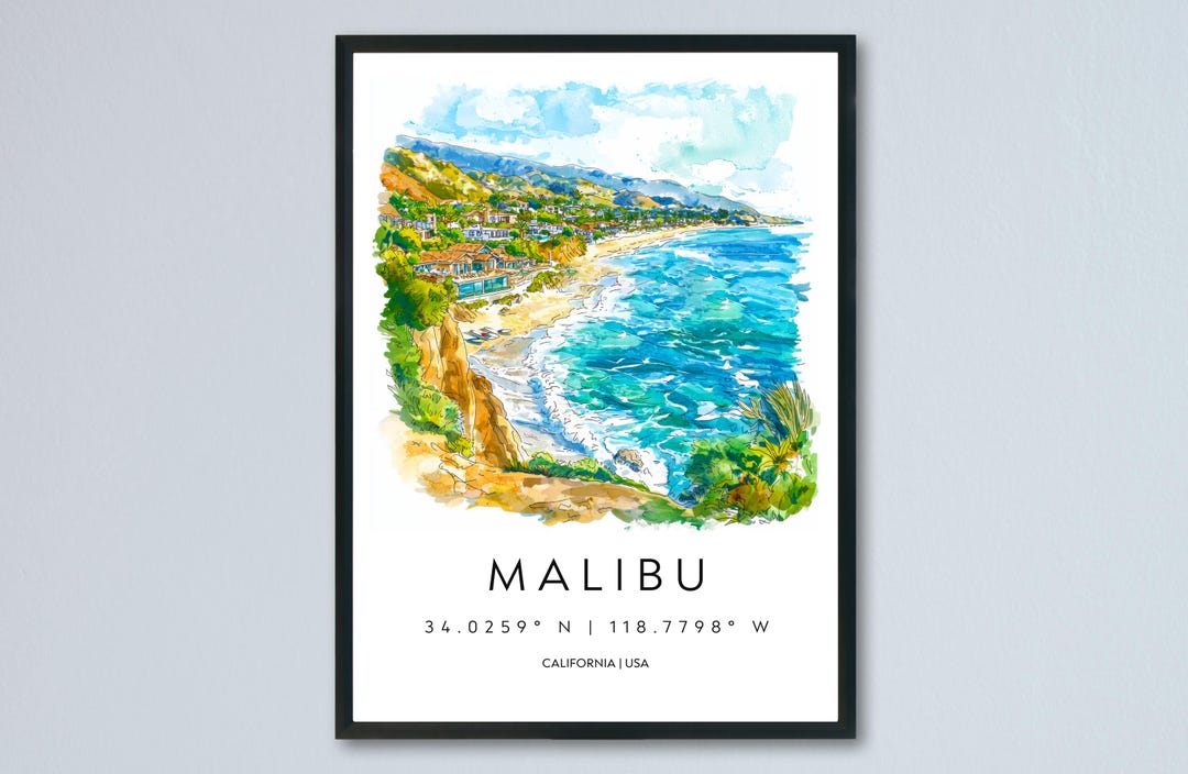 Malibu Watercolor Poster Malibu California Travel Print Wall Art Malibu ...