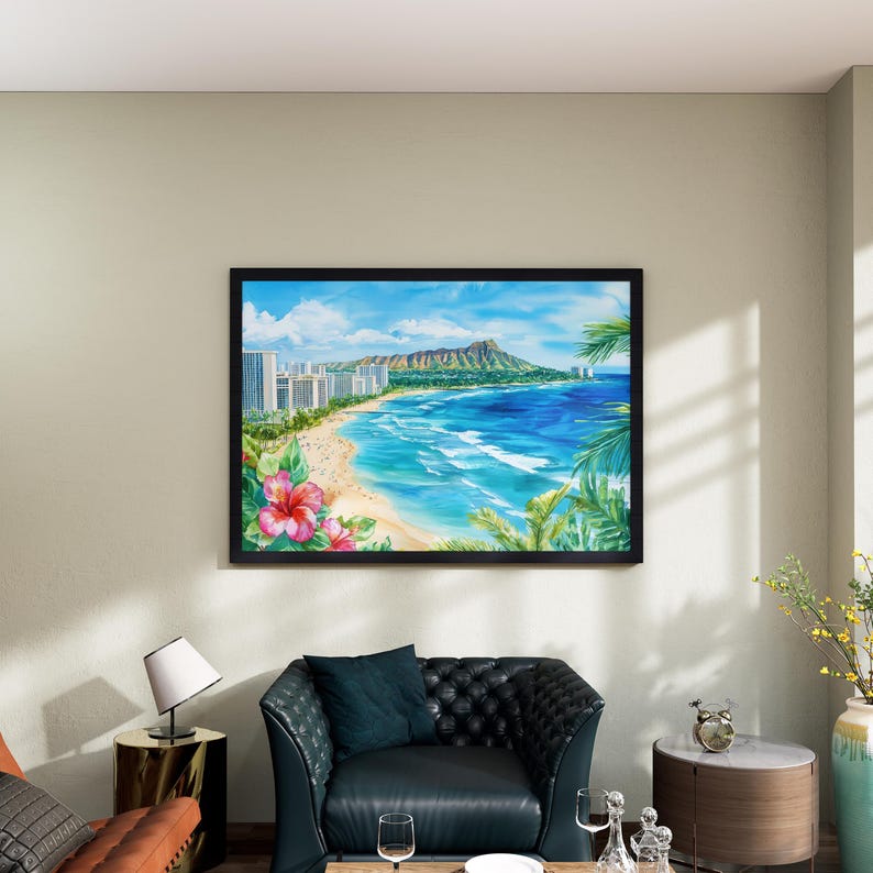 Honolulu Hawaii Watercolor Poster Oahu Travel Print Cityscape Painting ...
