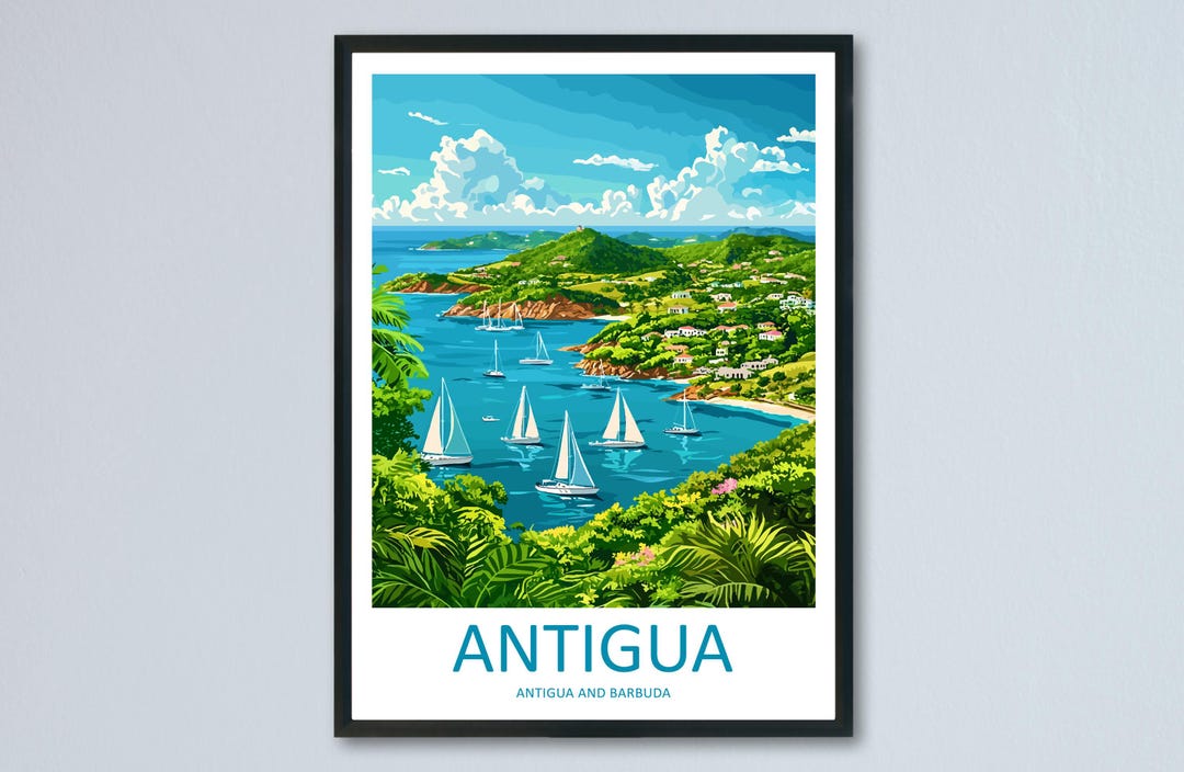 Antigua Travel Poster Caribbean Wall Art Beach Ocean View Tropical ...