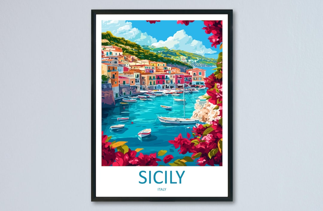 Sicily Cartoon Travel Poster Italy Wall Art Island Print Mediterranean ...