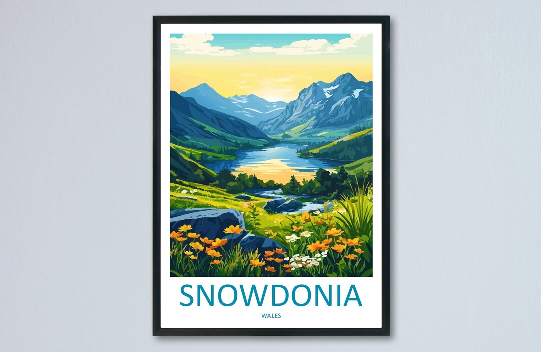 Snowdonia Cartoon Travel Poster Wales Wall Art Mountain Print National ...