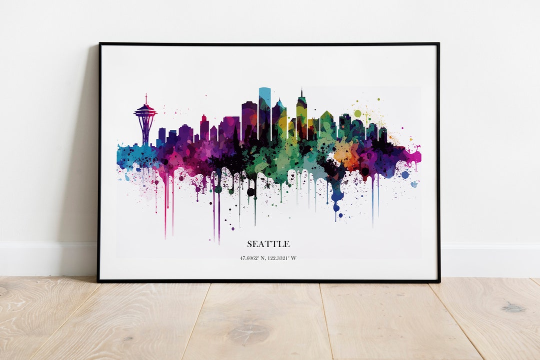 Seattle Watercolour Skyline Print Seattle Cityscape Seattle Home Décor ...