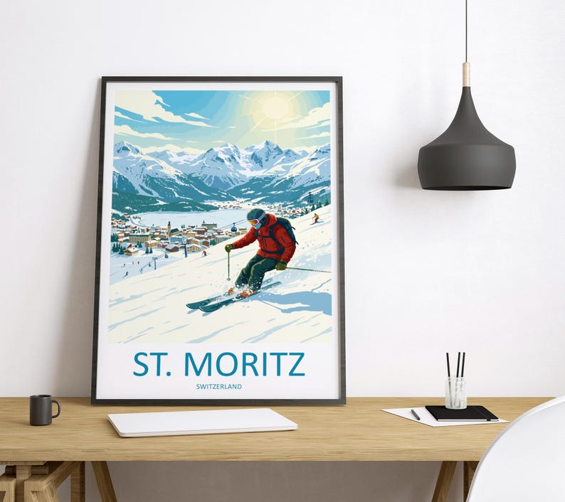 St Moritz Switzerland Ski Print Travel Poster Luxury Alpine Resort Wall ...
