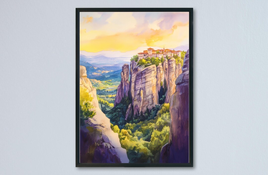 Meteora Watercolor Poster Greece Travel Print Wall Art Home Decor Gift ...