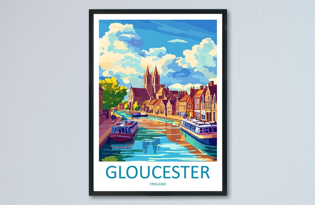 Gloucester Travel Poster England Wall Art Historic City Print Cathedral View Illustration ...