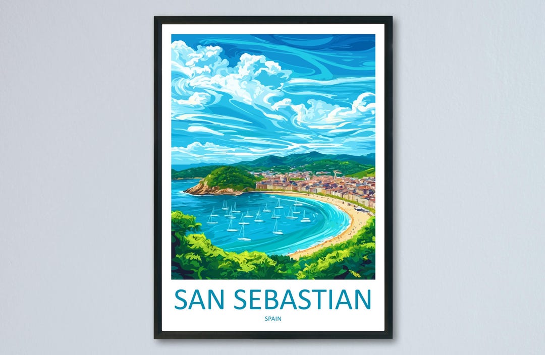 San Sebastian Cartoon Travel Poster Spain Wall Art Coastal City Print ...