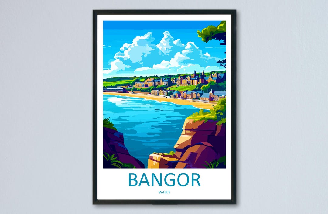 Bangor Travel Poster Wales Wall Art Coastal Town Print Pier View ...