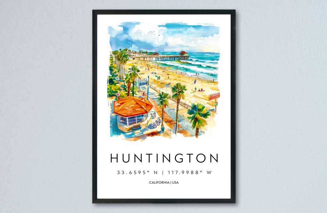 Huntington Beach Watercolor Poster Huntington Beach Travel Print ...