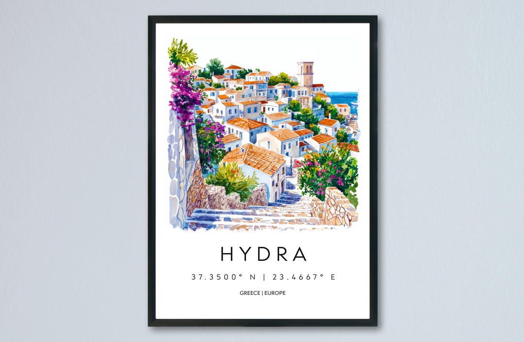 Hydra Watercolor Poster Hydra Greece Travel Print Wall Art Hydra Home ...