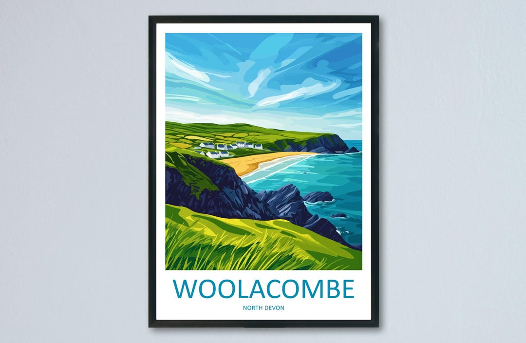 Woolacombe Cartoon Travel Poster Devon Wall Art UK Beach Print Coastal ...