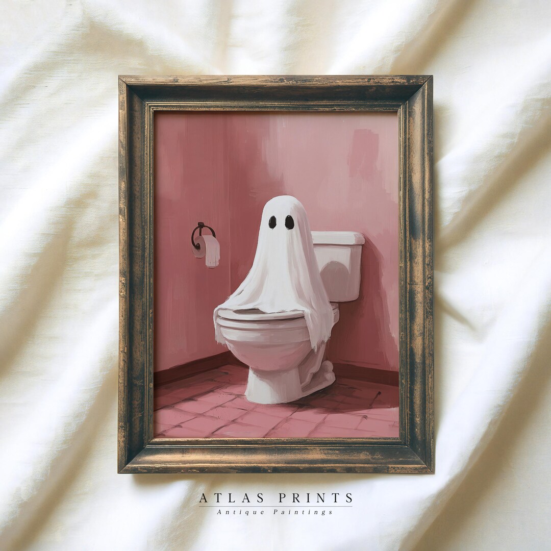 Cute Ghost on Toilet Halloween Print, Trendy Spooky Pink Decor, Funny ...