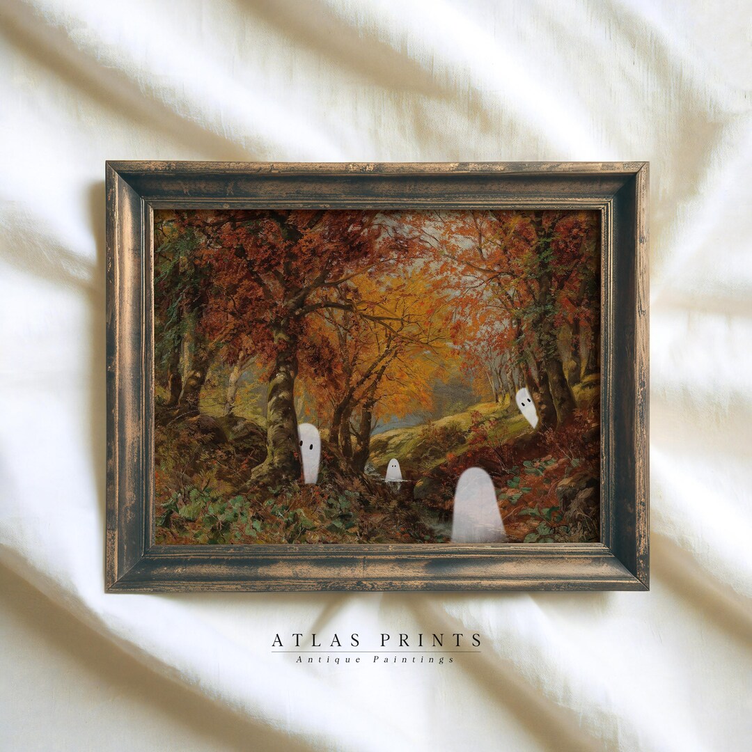 Cute Ghosts in a Fall Forest Landscape Print | Halloween Ghost Wall Art ...