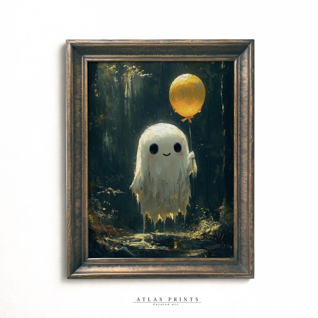 Geist mit gelbem Ballon-Halloween-Druck, Vintage gruselige dunkle ...