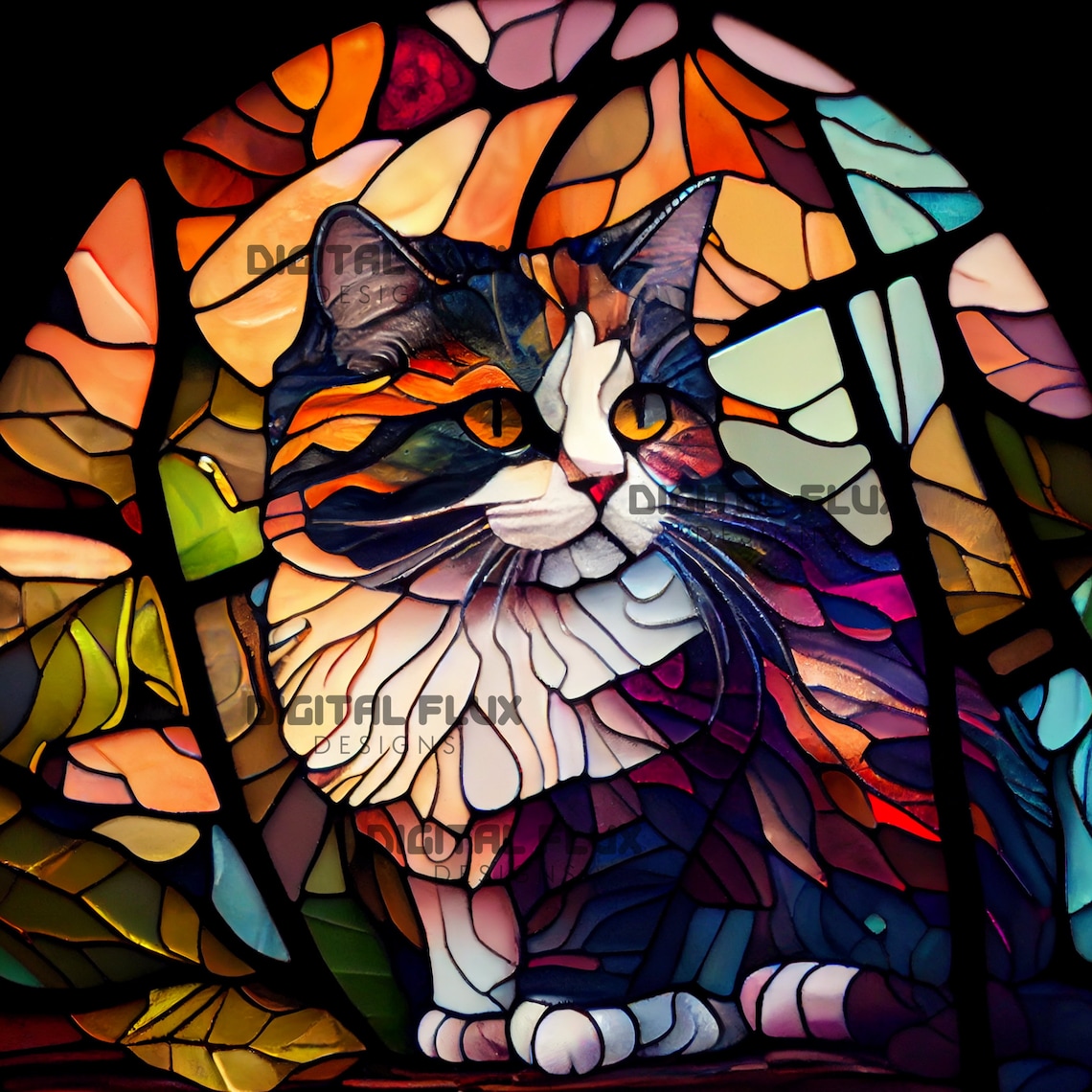 Five Images of Stained Glass Artwork of Cute Cats. Instant PNG Download ...