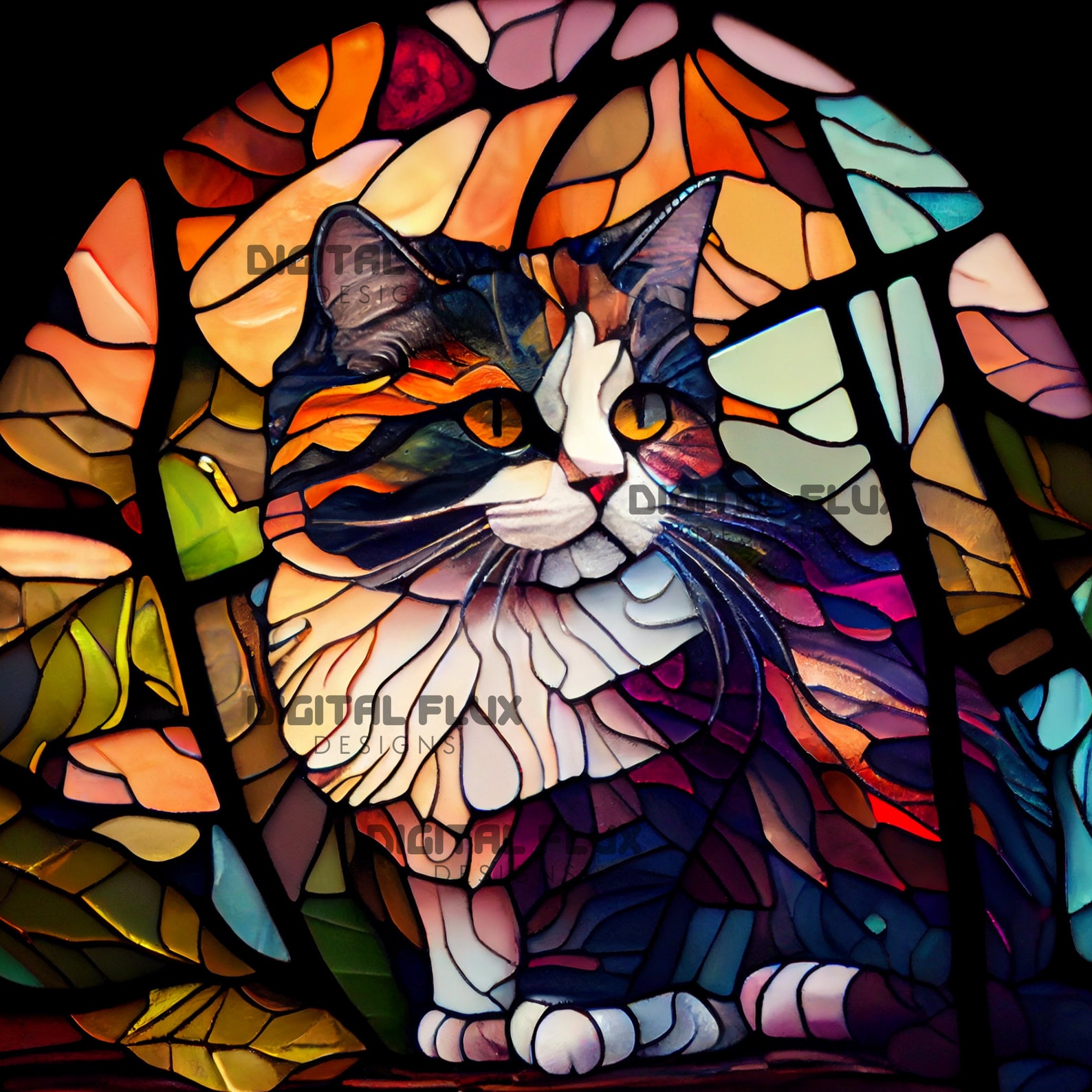 Five Images of Stained Glass Artwork of Cute Cats. Instant PNG Download ...
