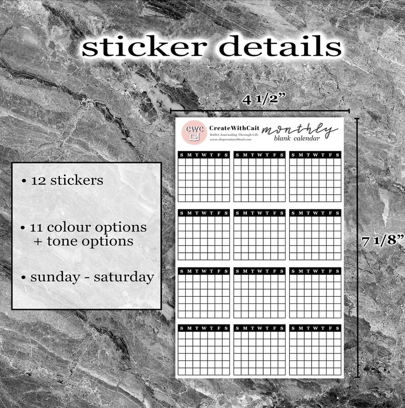 Blank Monthly Calendar Stickers, Sunday Start, Mini Square Tracker ...
