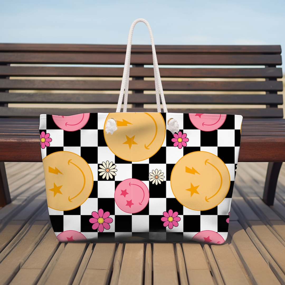 Checkered Smiley Face Weekender Bag for Girl Getaway Happy Face Tote ...