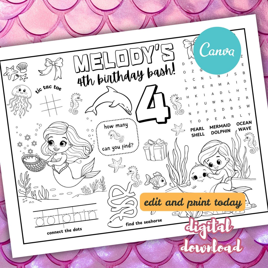 Mermaid 4th Birthday Coloring Placemat: Under the Sea Party PDF ...