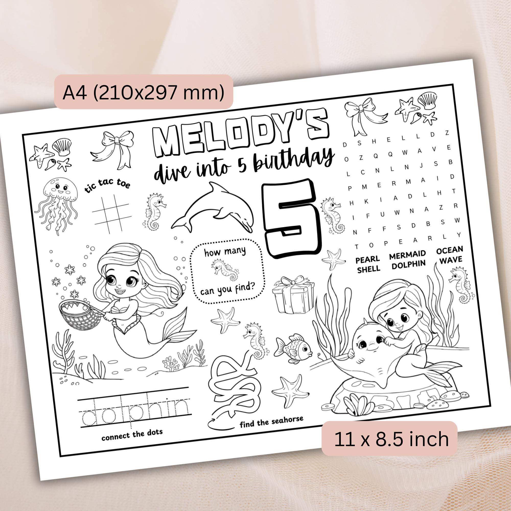 Mermaid 5th Birthday Coloring Page Under the Sea Placemat Digital ...