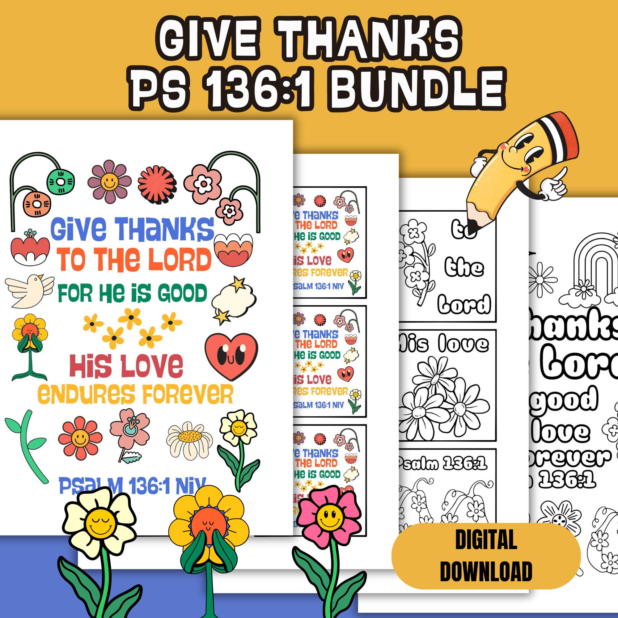 Give Thanks Psalm 136:1 Scripture Cards for Kids Crafts Sunday School ...