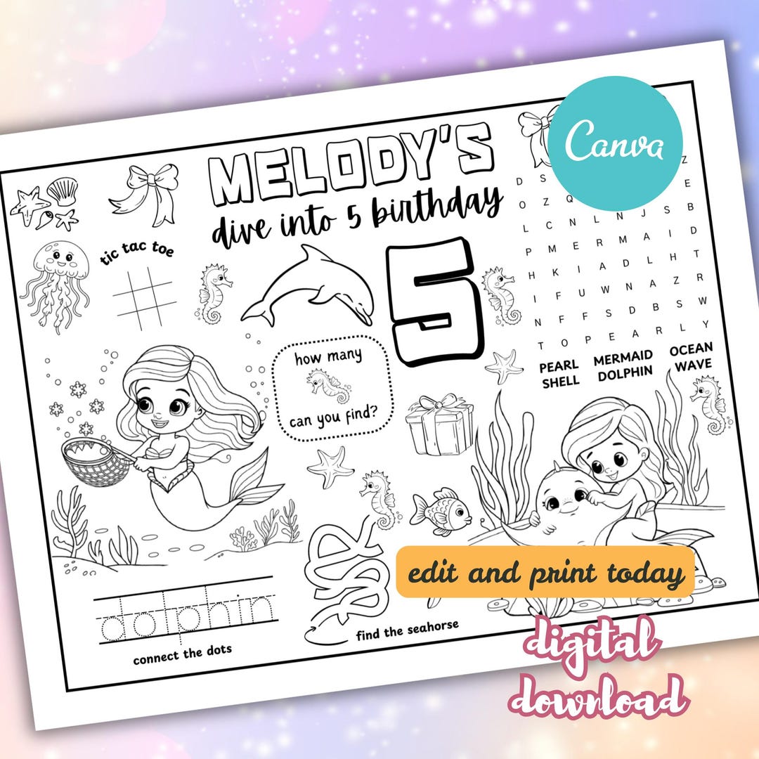 Mermaid 5th Birthday Coloring Page Under the Sea Placemat Digital ...
