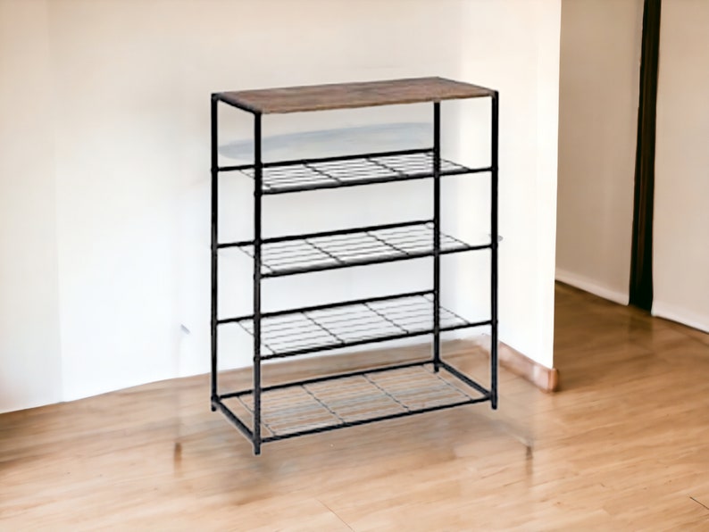 Stylish Black Metal Oak Effect Shoe Rack and Bench Shoe Storage Hallway ...