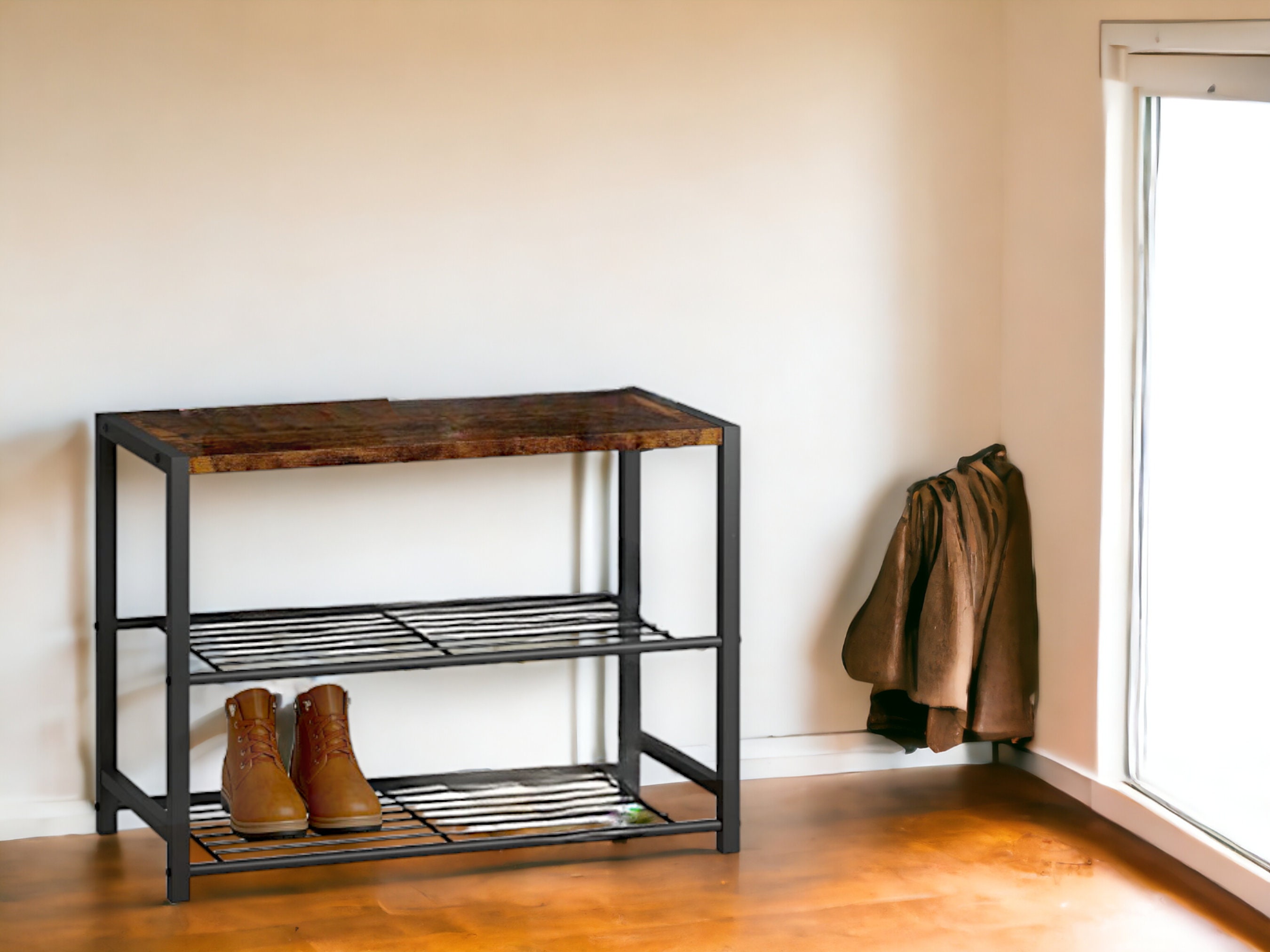 Stylish Black Metal Oak Effect Shoe Rack and Bench Shoe Storage Hallway ...