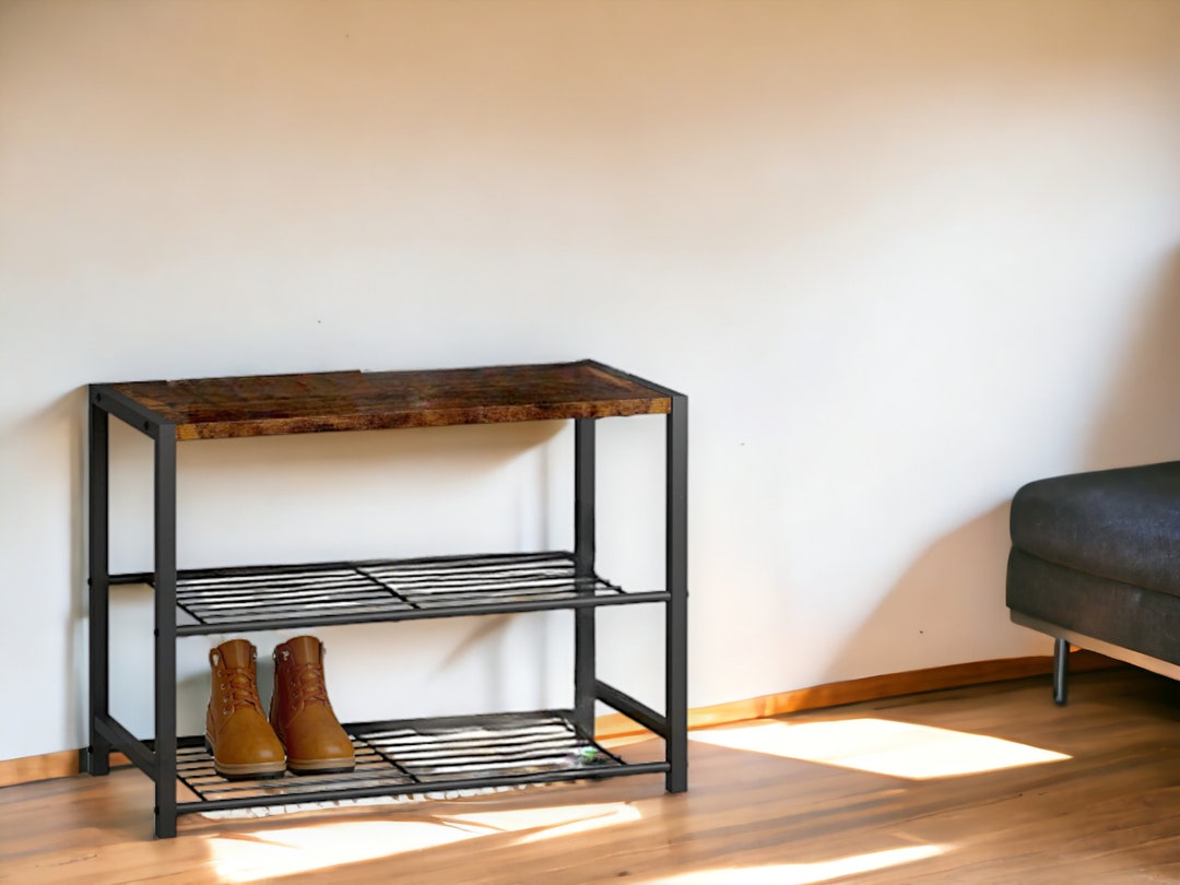 Stylish Black Metal Oak Effect Shoe Rack and Bench Shoe Storage Hallway ...