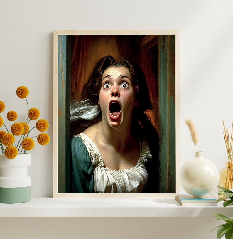 Funny Oil Painting Art Printvintage Woman Scared Painting - Etsy