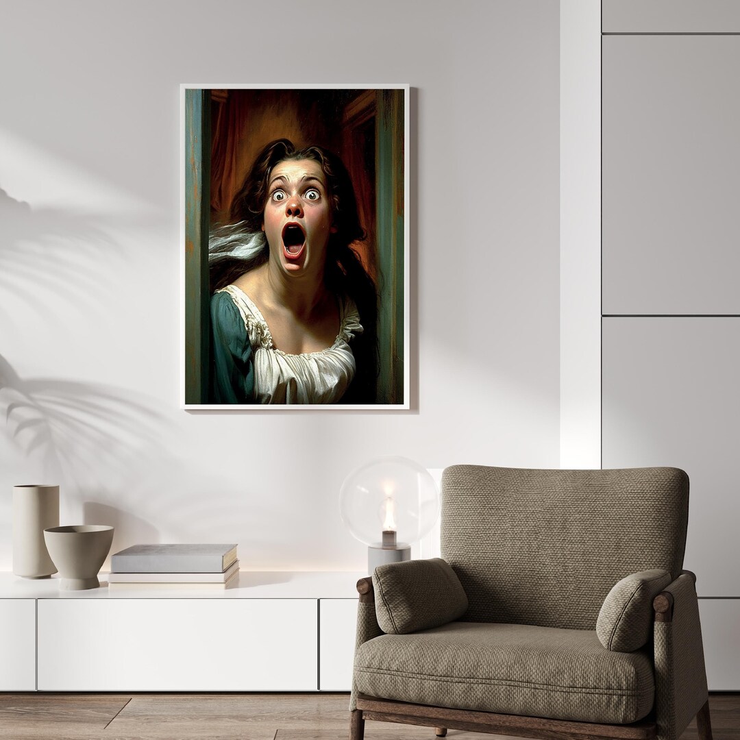 Funny Oil Painting Art Print,vintage Woman Scared Painting, Funny ...