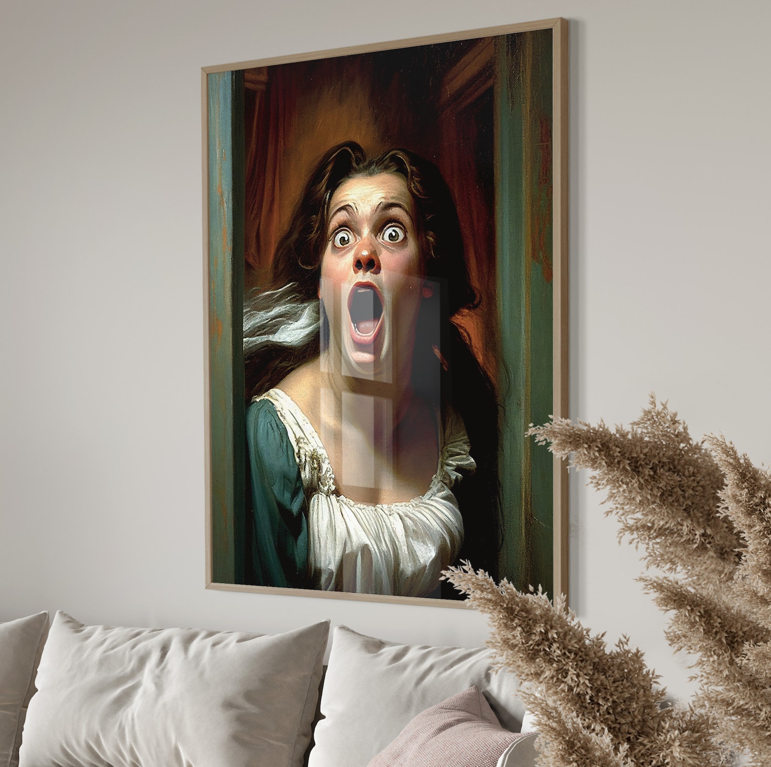 Funny Oil Painting Art Print,vintage Woman Scared Painting, Funny ...