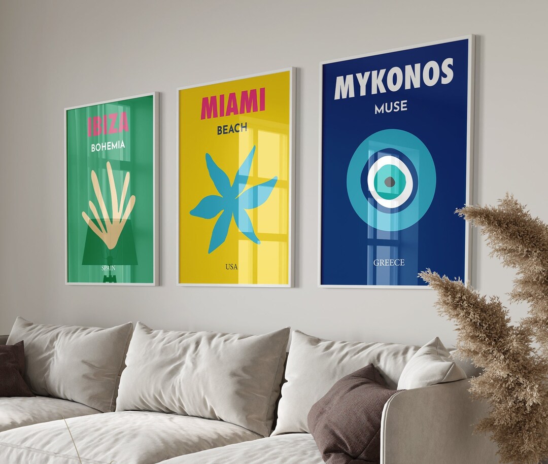 Set of 3 Famous Travel Destinations Prints, Ibiza, Miami & Mykonos ...
