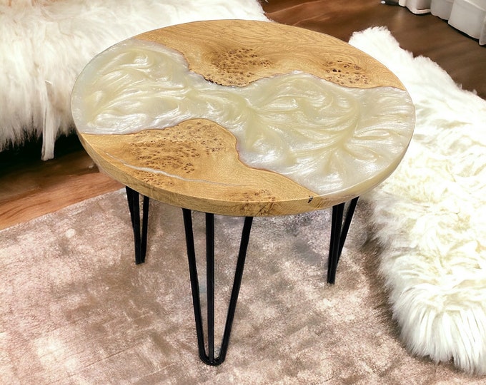 Oak & Epoxy Resin Round Coffee Table - Cream | End Table | Side Table ...