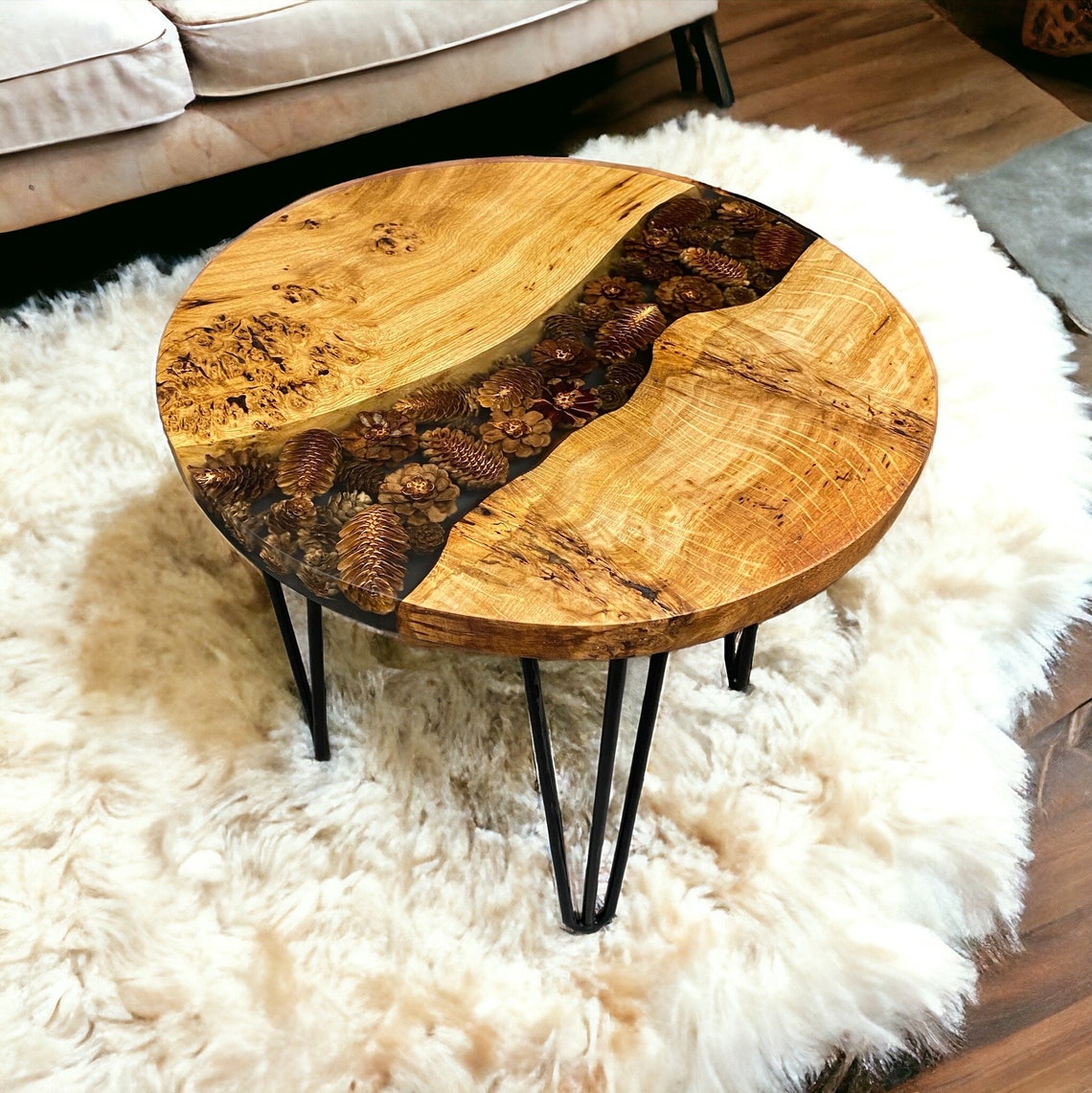Oak & Epoxy Resin Coffee Table Pine Cone River Table Handmade Decor ...