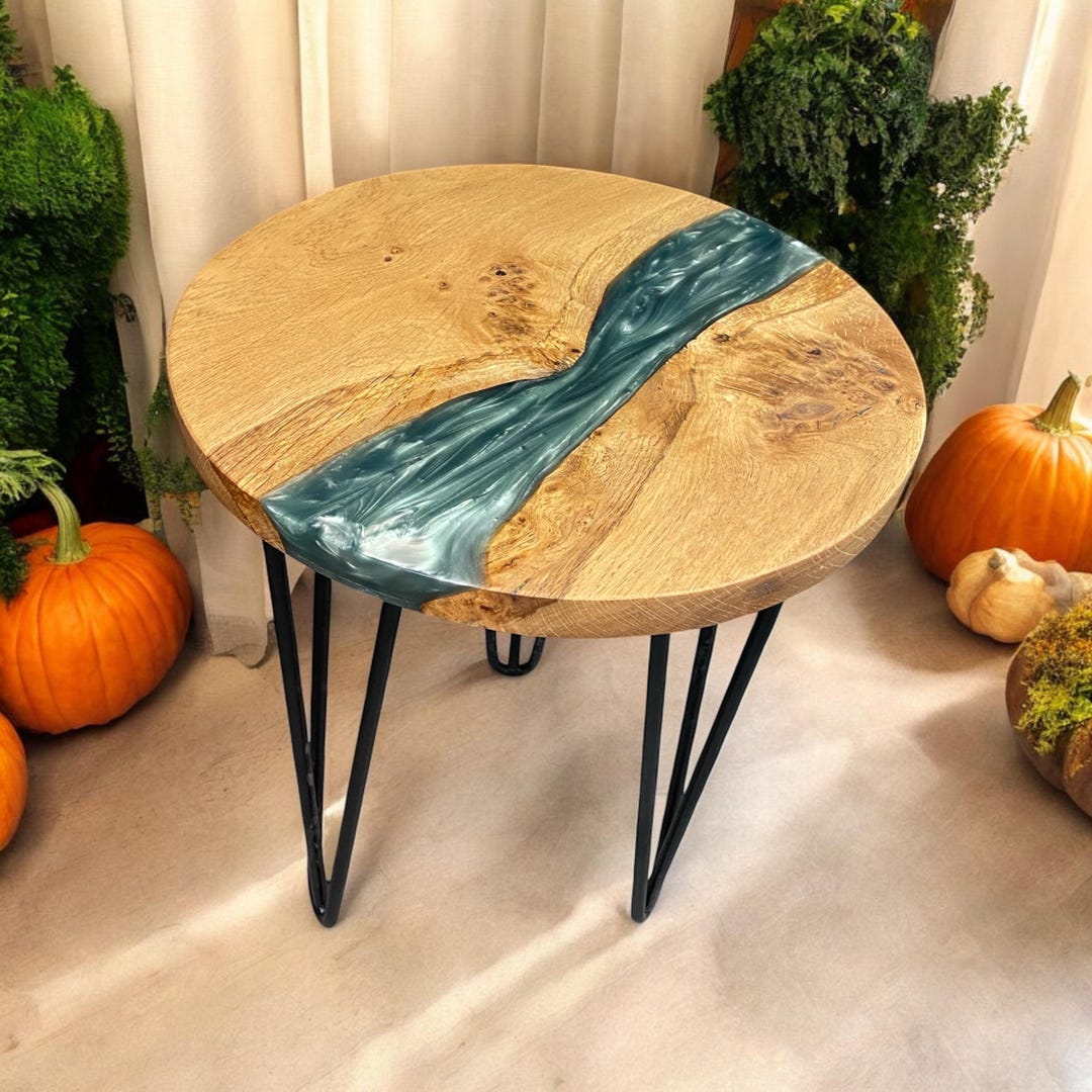 Oak & Epoxy Resin River Table Sage Green End Table Small Coffee Table ...