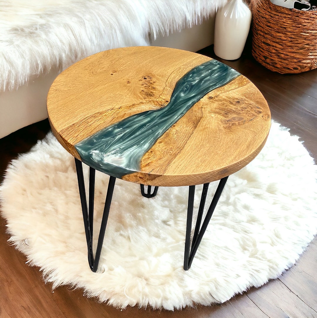 Oak & Resin River Table | Sage Green End Table | Handmade Small Coffee ...
