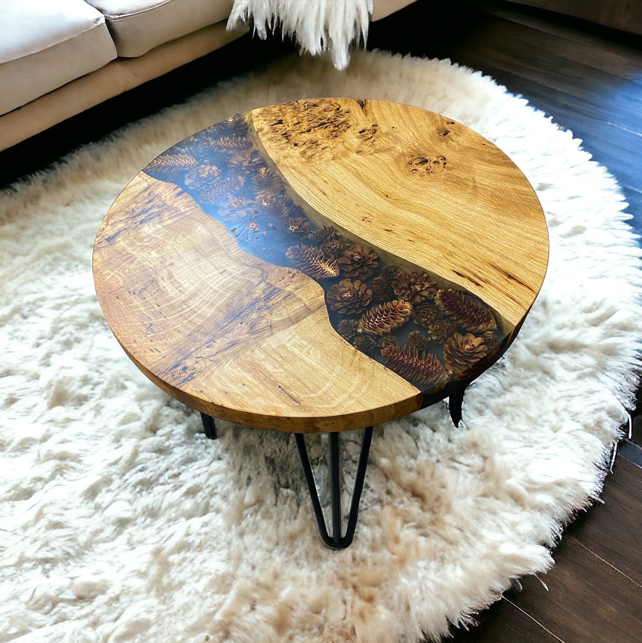 Oak & Epoxy Resin Coffee Table Pine Cone River Table Handmade Decor ...