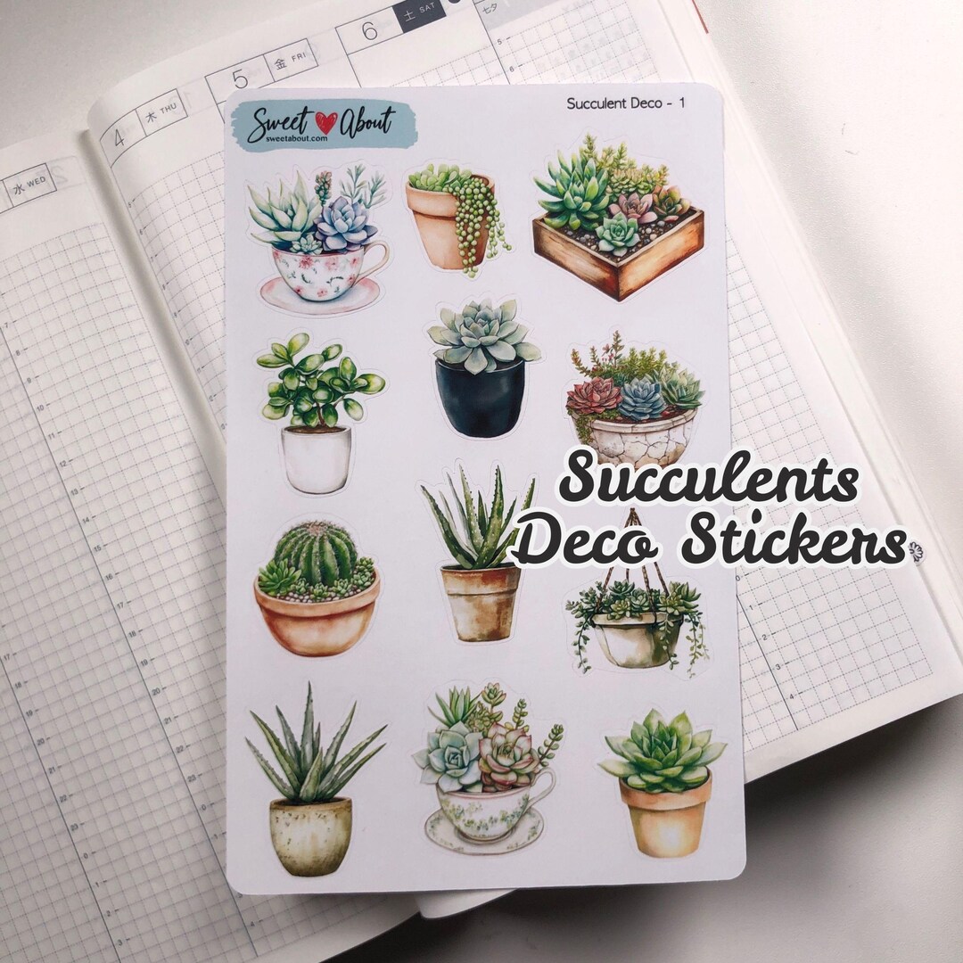 Succulents Deco Sticker Sheet - Watercolor Floral Stickers - White ...