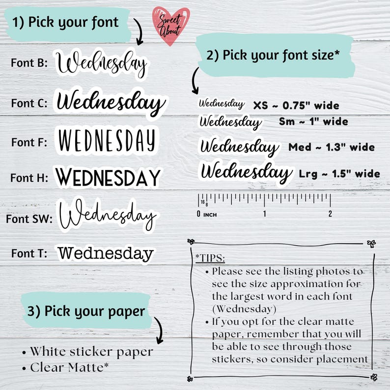 Day of the Week Planner Stickers - 6 Unique Fonts - 4 Sizes - Clear or ...