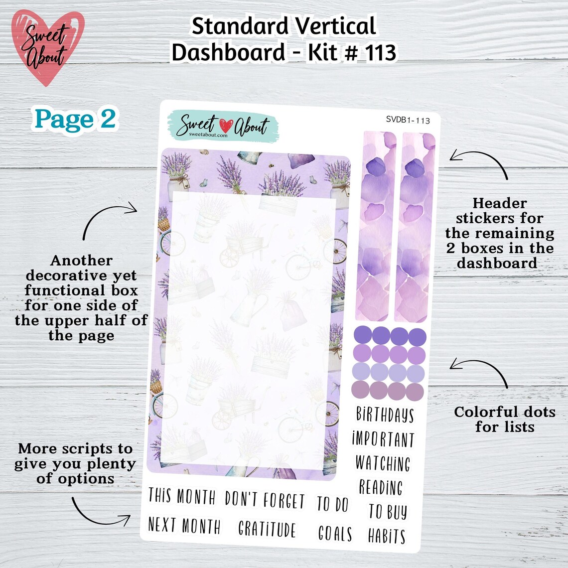 Standard Vertical Dashboard Sticker Kit #113 - Lavender Fields - 2 Page ...
