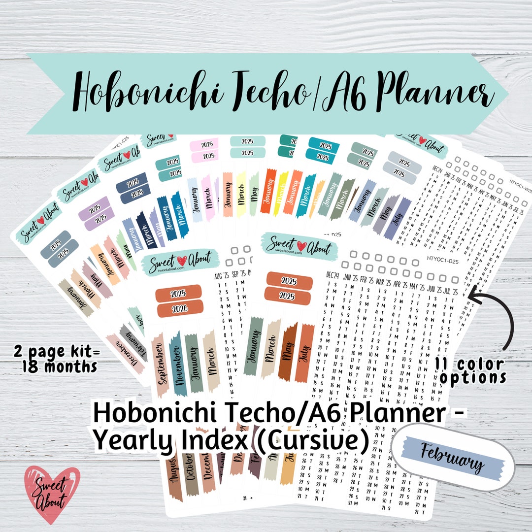 Hobonichi Techo (A6) Yearly Index Stickers 2025 - Cursive Font Stickers ...