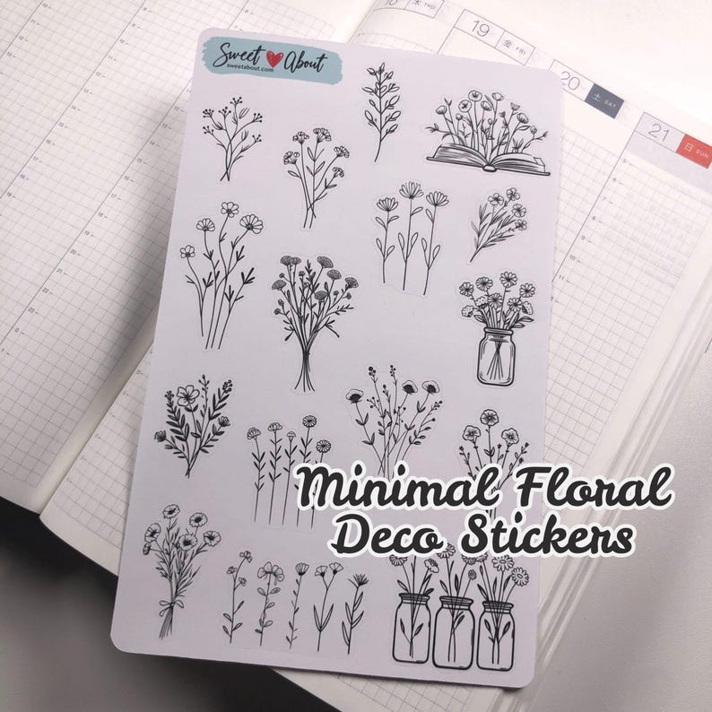 Minimal Floral Deco Sticker Sheet - Simple Floral Stickers - White ...