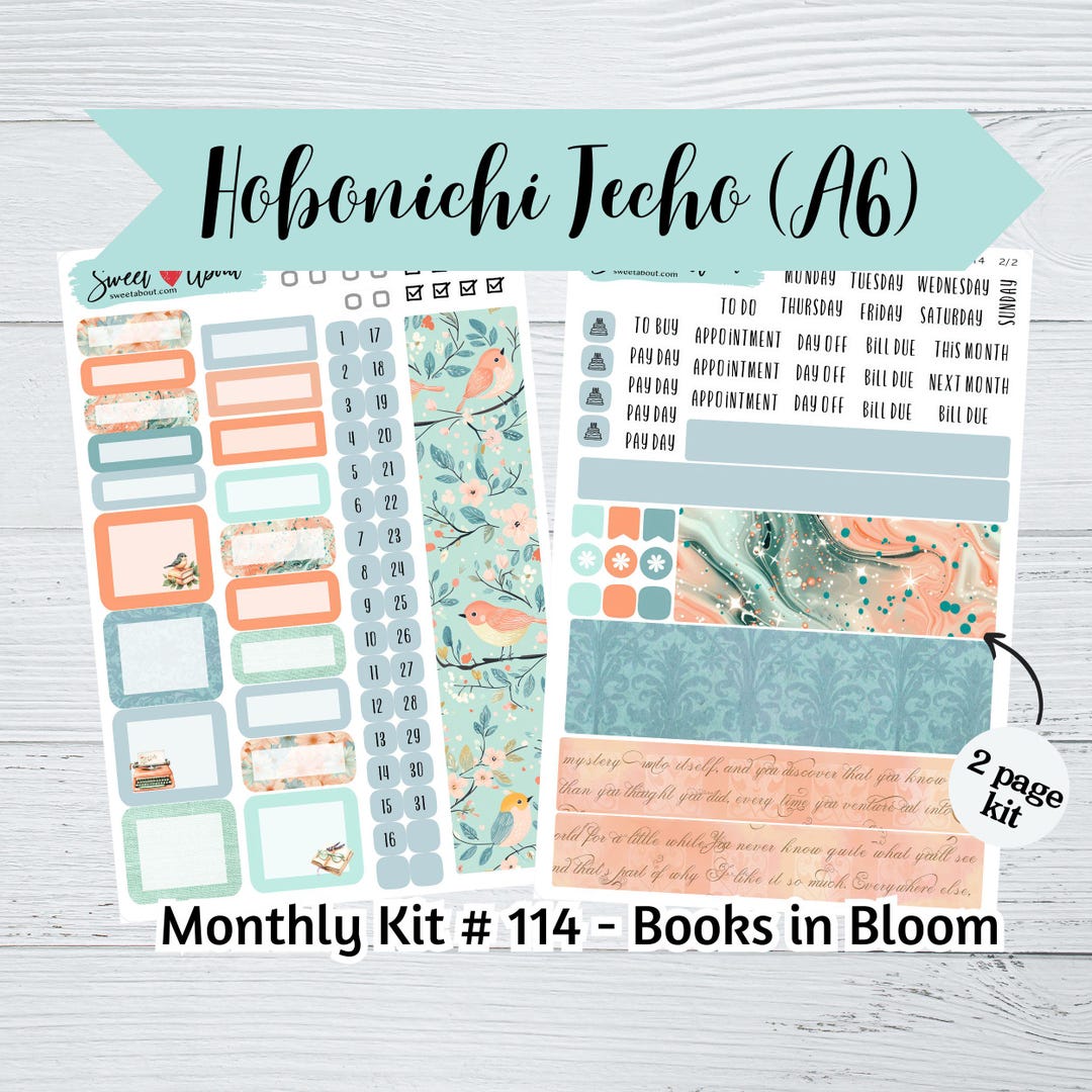 Hobonichi Techo (A6 Size) Monthly Sticker Kit #114 - Books in Bloom - 2 ...