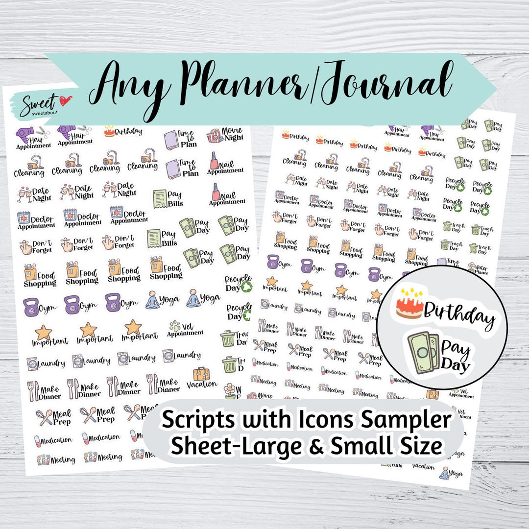 Scripts With Icons Sticker Sampler Sheet – Small & Large Sizes, White ...