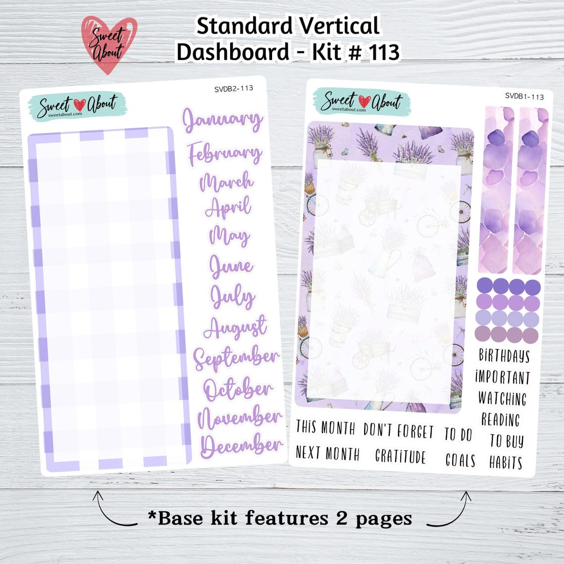 Standard Vertical Dashboard Sticker Kit #113 - Lavender Fields - 2 Page ...