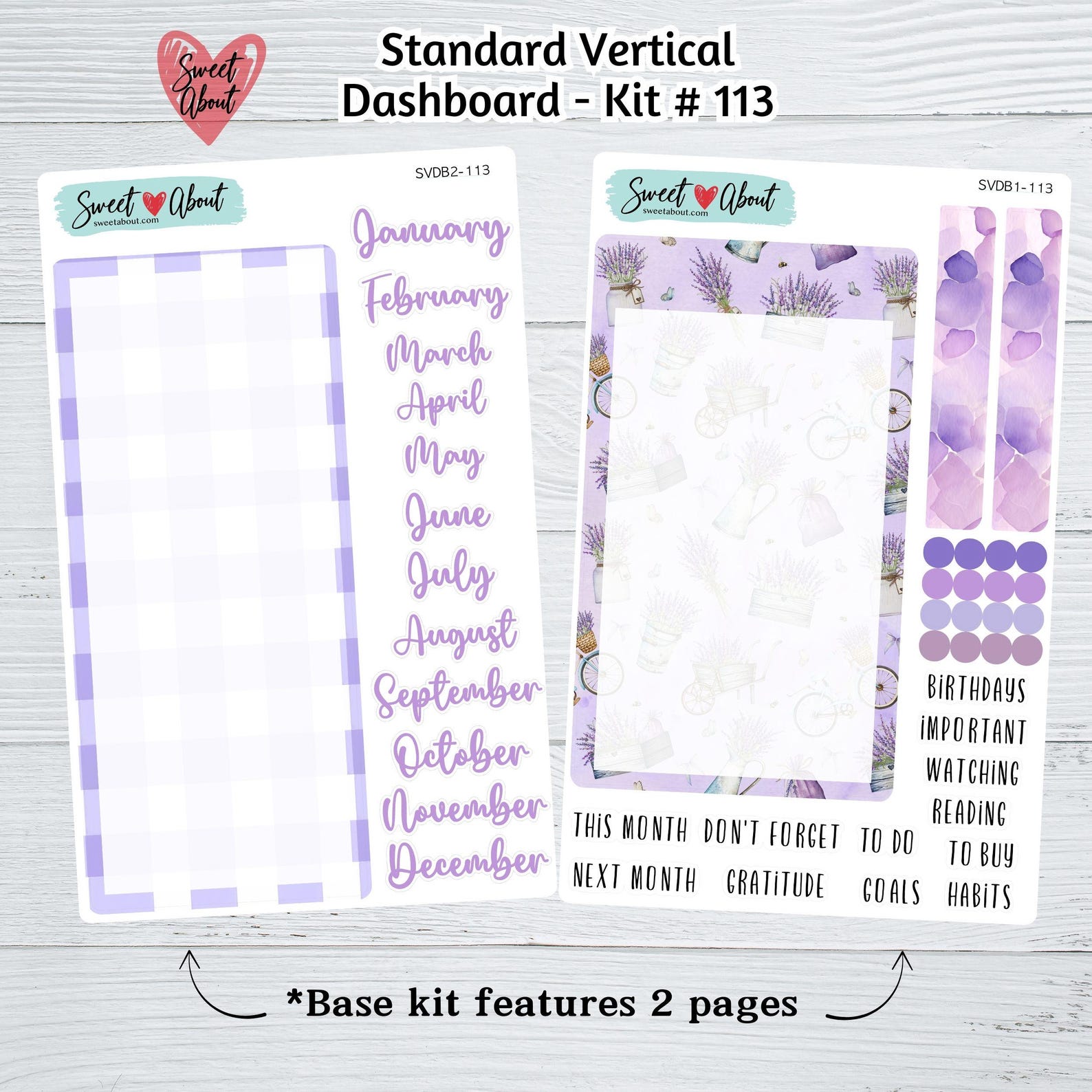 Standard Vertical Dashboard Sticker Kit #113 - Lavender Fields - 2 Page ...
