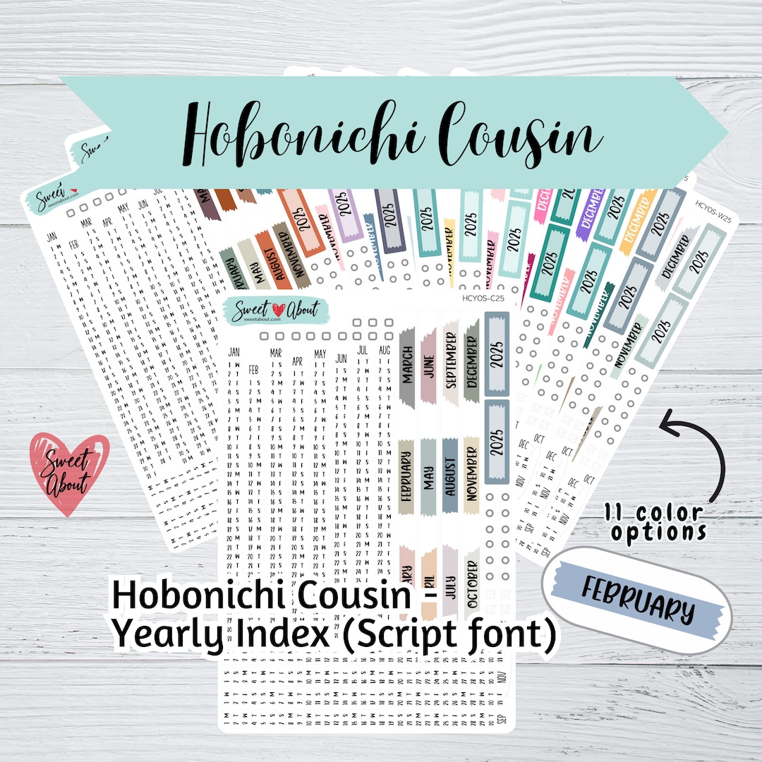 Hobonichi Cousin Yearly Index Stickers 2025 - Script Font Stickers ...