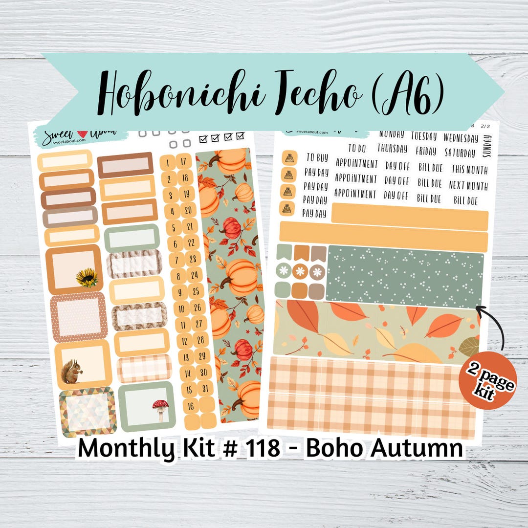 Hobonichi Techo (A6 Size) Monthly Sticker Kit #118 - Boho Autumn - 2 ...